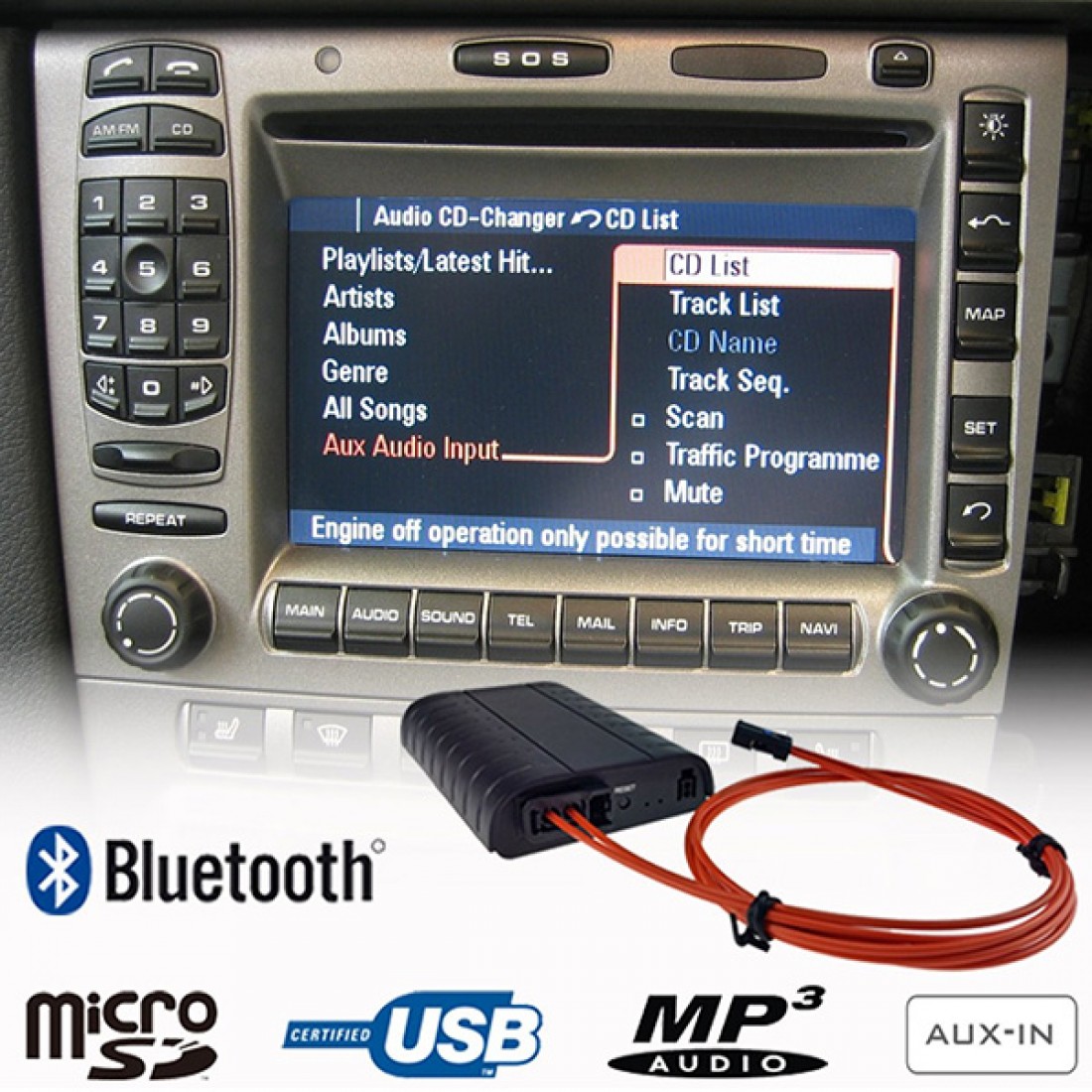 Bluetooth, MP3 USB / MicroSD, AUX ingang, interface adapter voor PCM 2 ...